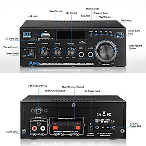 AK45 Home Audio Power Amplifier with Bluetooth, 100Wx2 Audio Stereo Receiver, Home Amplifiers w/FM Radio USB, AUX, RCA, SD for Home Theater Speakers Audio Stereo, Studio