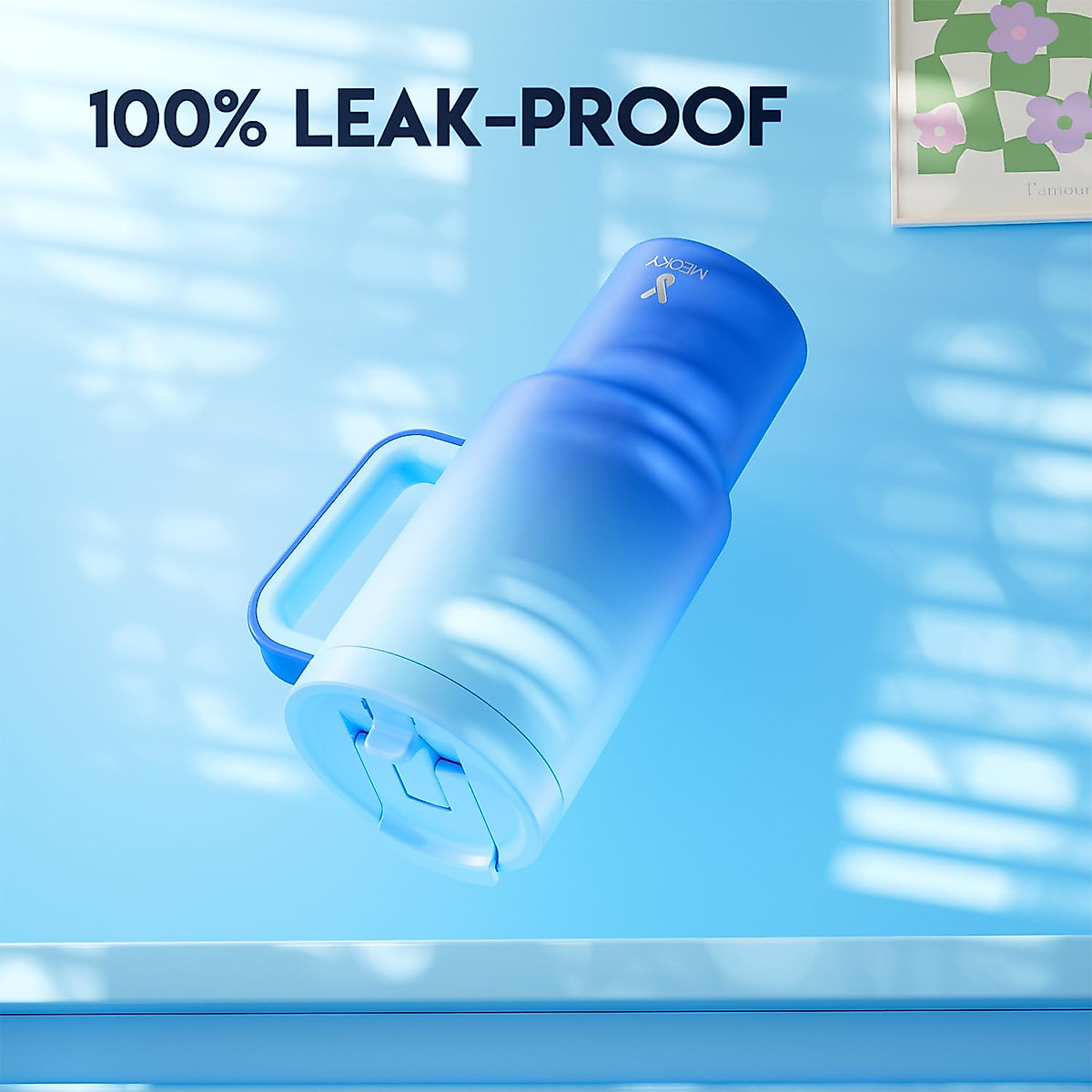 Meoky 32 oz Tumbler with Handle and Flip Straw, 100% Leakproof Tumbler with Lid and Straw, Stainless Steel Insulated Cup, Cupholder Friendly, Keeps Cold for 24 Hours (Sky)