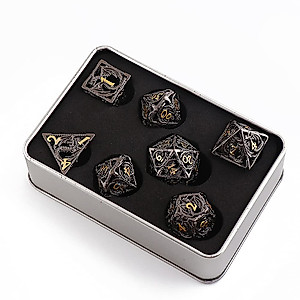 Hollow Metal D&D Dice Set with Gift Box, DND Role Playing Game D20 D12 D10 D8 D6 D4 Polyhedral Dice Set for Dungeons and Dragons Pathfinder Shadowrun Math Teaching RPG, Black Gold