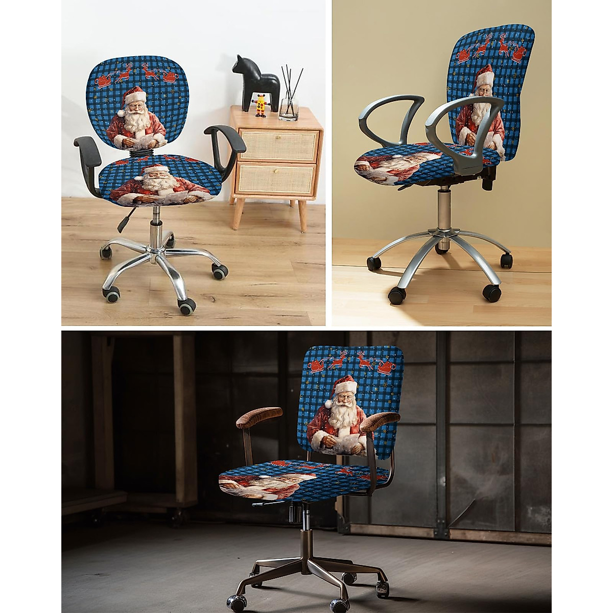 Christmas Santa Office Chair Cover Stretchable Computer Chair Seat Cover Backrest Slipcovers, Stretchable Rotating Desk Chair Seat Cushion Split Protectors Elk Buffalo Plaid Check Blue Snowflake