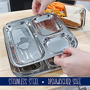 Darware Stainless Steel Divided Plates/Compartment Trays (4-Pack); 9.8 x 8.1 Inches Oblong 3-Section Mini Trays, Great Size for Kids, Portion Control, Camping