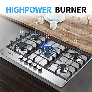 Gas Cooktop, HBHOB 30 Inches 5 Burners Gas Stove Gas Hob Stovetop Stainless 5 Sealed Burners Cast Iron Grates Built-in Gas Stove Top LPG/NG Gas Cooktop Thermocouple Protection and Easy to Clean …