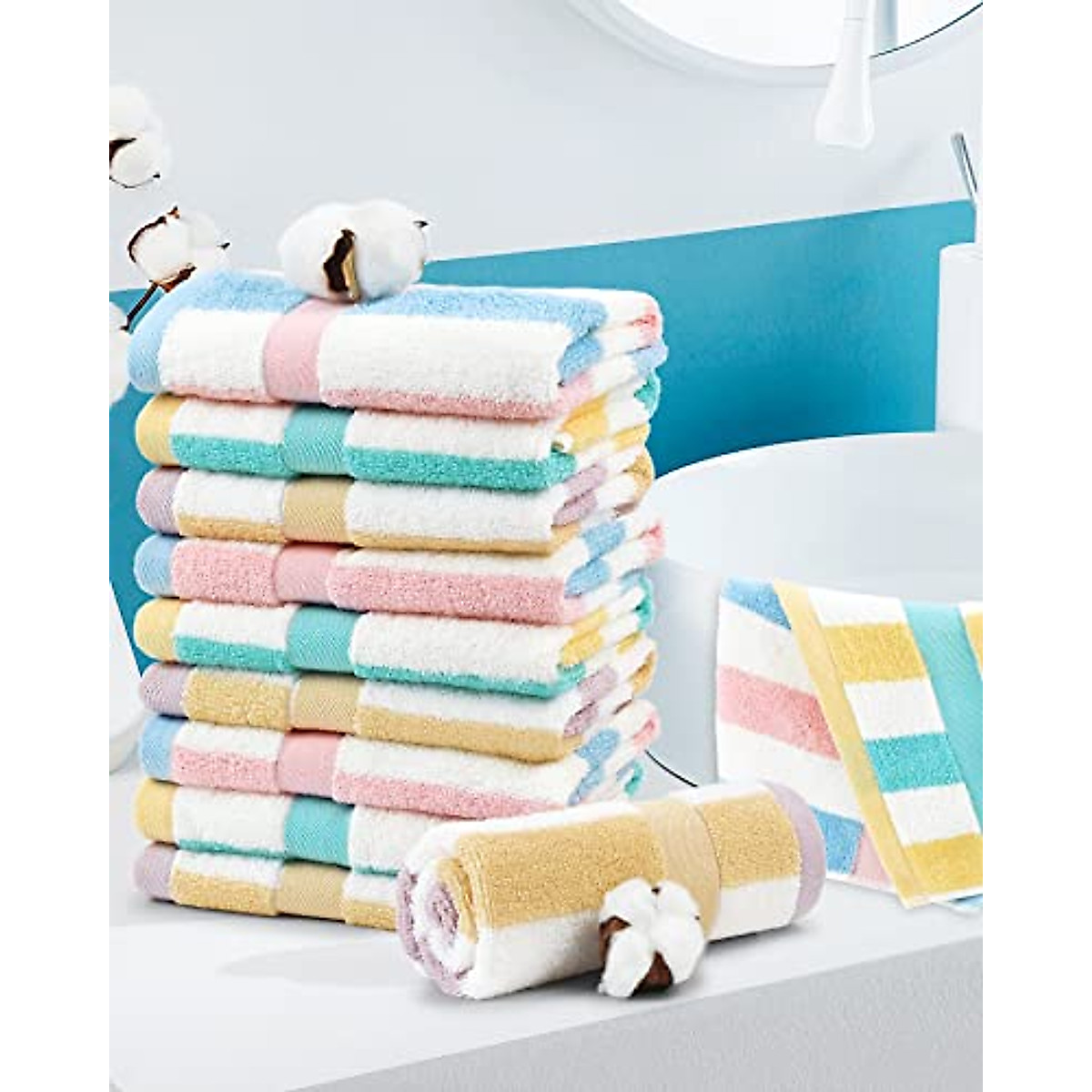 Striped Washcloths 24 Pack 6-Color Bundle - Cotton Wash Cloths for Body and Face 13 x 13 Inches