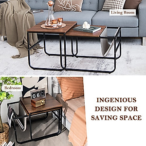 Giantex Nesting Coffee Table Set of 2, Stackable Side Table w/Side Pocket, Accent Nightstand, Industrial End Table w/Steel Frame for Living Room Bedroom Office, Easy Assembly, Rustic Brown