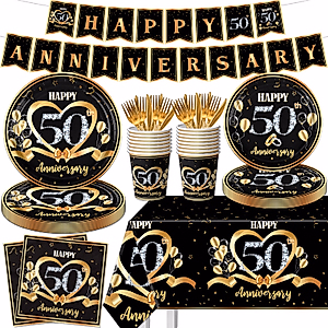 50th Anniversary Decorations Tableware Set, 142Pcs Black Gold 50th Anniversary Plates and Napkins,Cups,Banner,Happy 50th Anniversary Tablecloth for 50th Wedding Anniversary Party Supplies