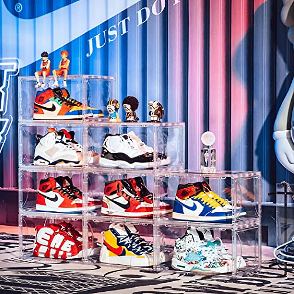 Siunzs Shoe Boxes Clear Plastic Stackable, Large Shoe Storage Box with Magnetic Door, Shoe Containers for Sneaker Display, 3 Pack Shoe Organizer, Easy Assembly, Fit up to US Size 12(14.6"x8.3"x10.2")