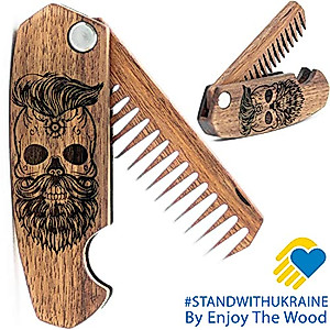 Beard Comb for Men Pocket Folding Combs for Mustache & Hair Travel Natural Wooden Comb with Real Man Engraving - Perfect for Use w/Beard Balm Oil (Skull)