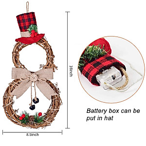 DearHouse 16 x 8 Inch Lighted Christmas Wreath Decoration, Grapevine Wreath with Hat and Bow Snowman Shape Wreath for Front Door Home Garden Wall Decor