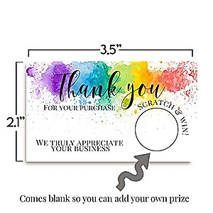 Rainbow Watercolor Themed Scratch & Win Customer Appreciation Package Inserts for Small Businesses, 20 2" X 3.5” Single Sided Insert Cards with Scratch Off Stickers included by AmandaCreation
