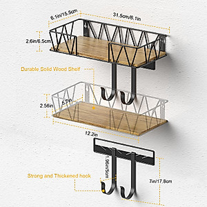 Tohomes Ironing Board Hanger Wall Mount, T& V Iron and Ironing Board Holder for Laundry Room, Iron Board Wall Mount with Large Storage Wooden Base Basket and Removable Hooks