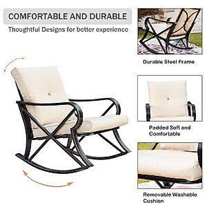 LOKATSE HOME 3 PCS Patio Bistro Furniture Outdoor Conversation Sets with Metal Cushions Rocking Chairs and Coffee Table for Backyard Deck Lawn Garden, Beige