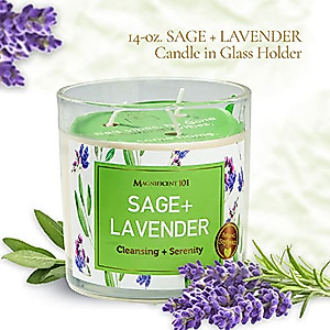Large Sage + Lavender, Smudge Candle for House Energy Cleansing and Serenity, Banishes Negative Energy I Purification and Chakra Healing - Natural Soy Wax Glass Candle for Aromatherapy (14oz)