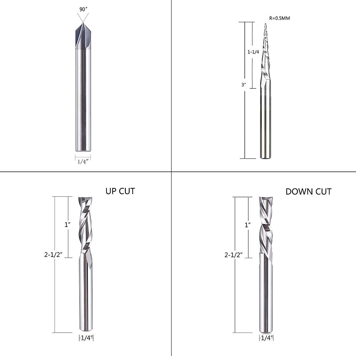 Sinoprotools 1/4 Shank CNC Router Bits Carving Set, CNC Wood Router Bits, CNC Router Kit End Mills,V Groove Engraving Router Bit, Cabinet Making Tools-4 Pcs