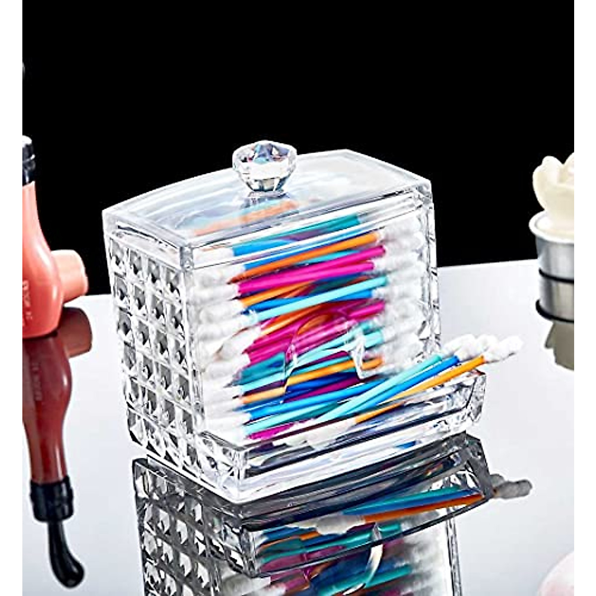 Bremen Home Acrylic Cotton Swab Holder, Diamond Design Qtip Dispenser Countertop Storage Organizer Box Jars for Bobby Pins, Cotton Balls, Makeup, Small Bathroom Accessories, Boxed