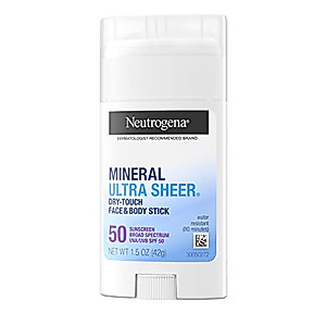 Neutrogena Ultra Sheer Dry Touch SPF 50 Mineral Sunscreen Stick for Sensitive Skin, Face & Body Sunscreen with Zinc Oxide & Vitamin E, No White Residue, Non-Comedogenic & Vegan, 1.5 oz