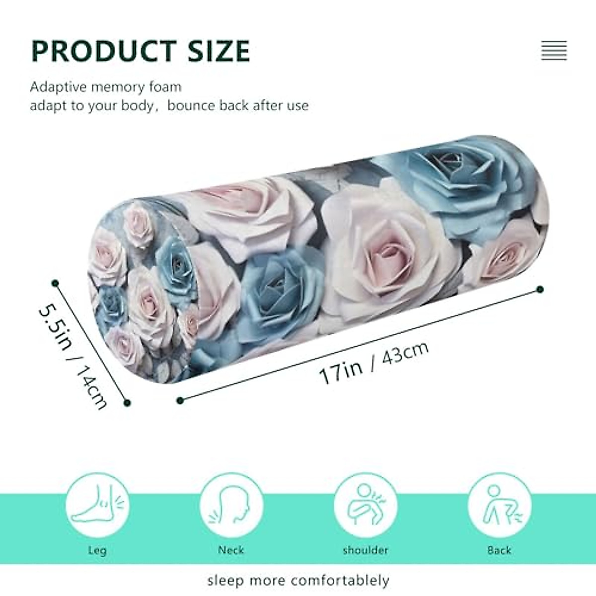 xigua Blue and White Roses Neck Roll Pillow for Neck Relief with Removable Washable Cover - Memory Foam Round Cylinder Bolster, Ergonomically Designed for Head, Neck, Back, and Legs