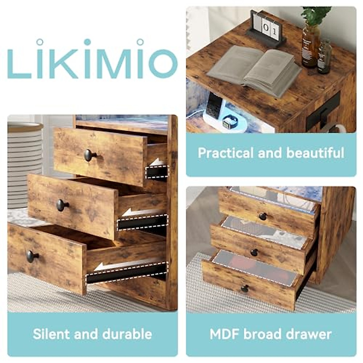 LIKIMIO Nightstand with Charging Station and 3 Drawers, LED Lights End Side Table with interchangeable sockets and Hooks, Vintage Brown