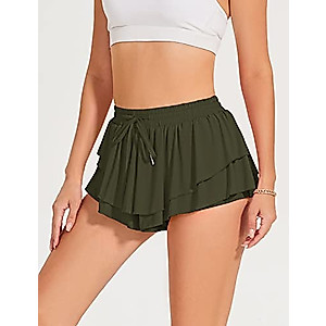 Loovoo Summer Flowy Athletic Shorts Women High Waisted Ruffle Layered Running Shorts Sporty Active Gym Shorts Army Green,M