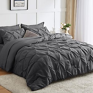 CozyLux Queen Comforter Set - 7 Pieces Comforters Queen Size Dark Grey, Pintuck Bed in A Bag Gray Pinch Pleat Bedding Sets with All Season Comforter, Flat Sheet, Fitted Sheet and Pillowcases & Shams