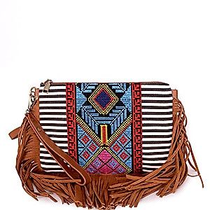 Boho Fringed Tassel Aztec Tribal Print Canvas Satchel Crossbody Bag Wristlet Purse (Leather Fringed Wristlet Cross Body - Brown)