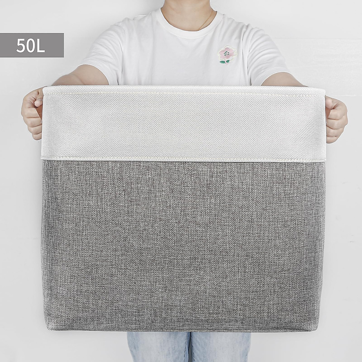 Bagnizer Large Fabric Storage Baskets | 50L Storage Bins, Decorative Linen Closet Baskets with Handles for Organizing, Shelf, Toys, Clothes, Home, Office, Nursery, 17x12x15Inches (Grey&White)