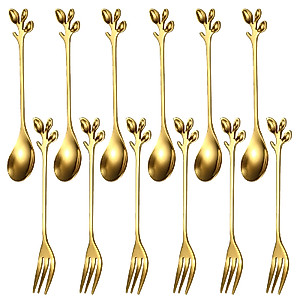 12 Pieces Stainless Steel Gold Leaf Coffee Spoon, findTop Spoons Fruit Forks Stainless Steel Mini Creative Tableware for Sugar Cake Ice Cream Tea Stirring Mixing Tea Spoon and Fork Set (Gold)