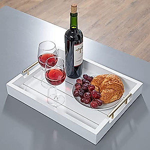 White Serving Tray with Gold Handles by Cozy Décor - Premium Decorative Trays - Coffee Table Trays for Living Room - Large Ottoman Tray -Tv Trays for Breakfast in Bed -17-Inch Wooden Tray for Ottoman