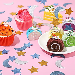 400 Pieces Glitter Star and Moon Paper Confetti Double Side Table Paper Confetti Sequin for Wedding Birthday Baby Shower Moon and Star Party Ramadan Mubarak Decor (Dark Blue, Light Blue, Gold, Silver)