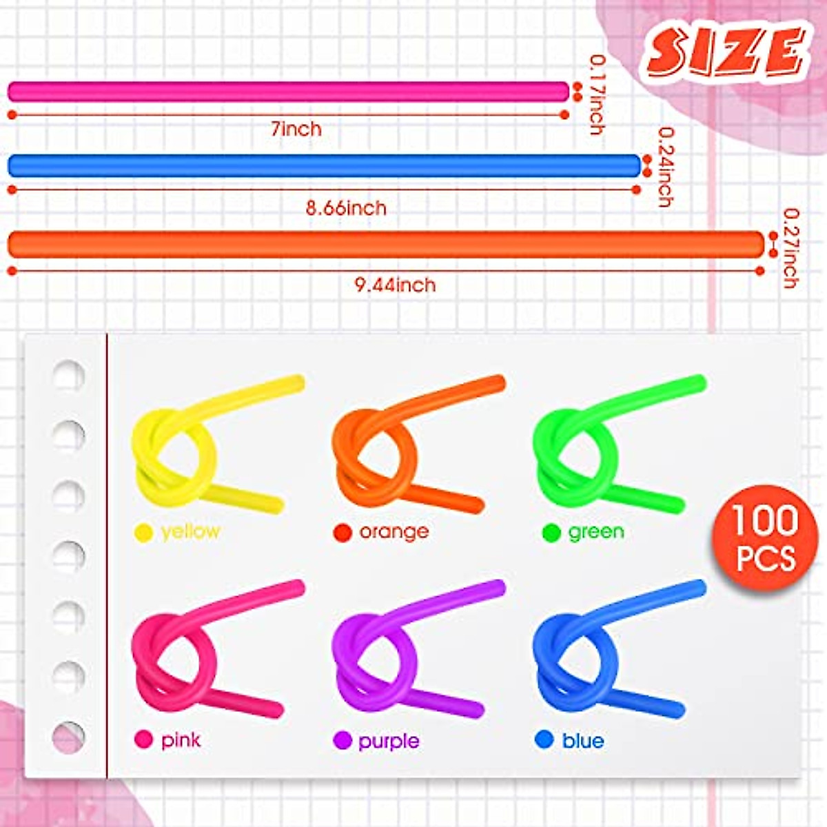 100 Pcs Glow Stretchy String Fidget Sensory Toys Monkey Noodle Fidget Toy Stress Relief Toys Calming Noodle Fidget Stress and Anxiety Toys for Stocking Stuffers Party Favors Prizes, 3 Sizes (Glow)