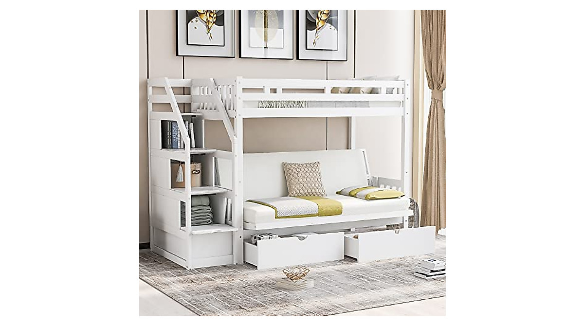 Merax Twin Over Full Bunk Bed with Storage & Convertible Bed