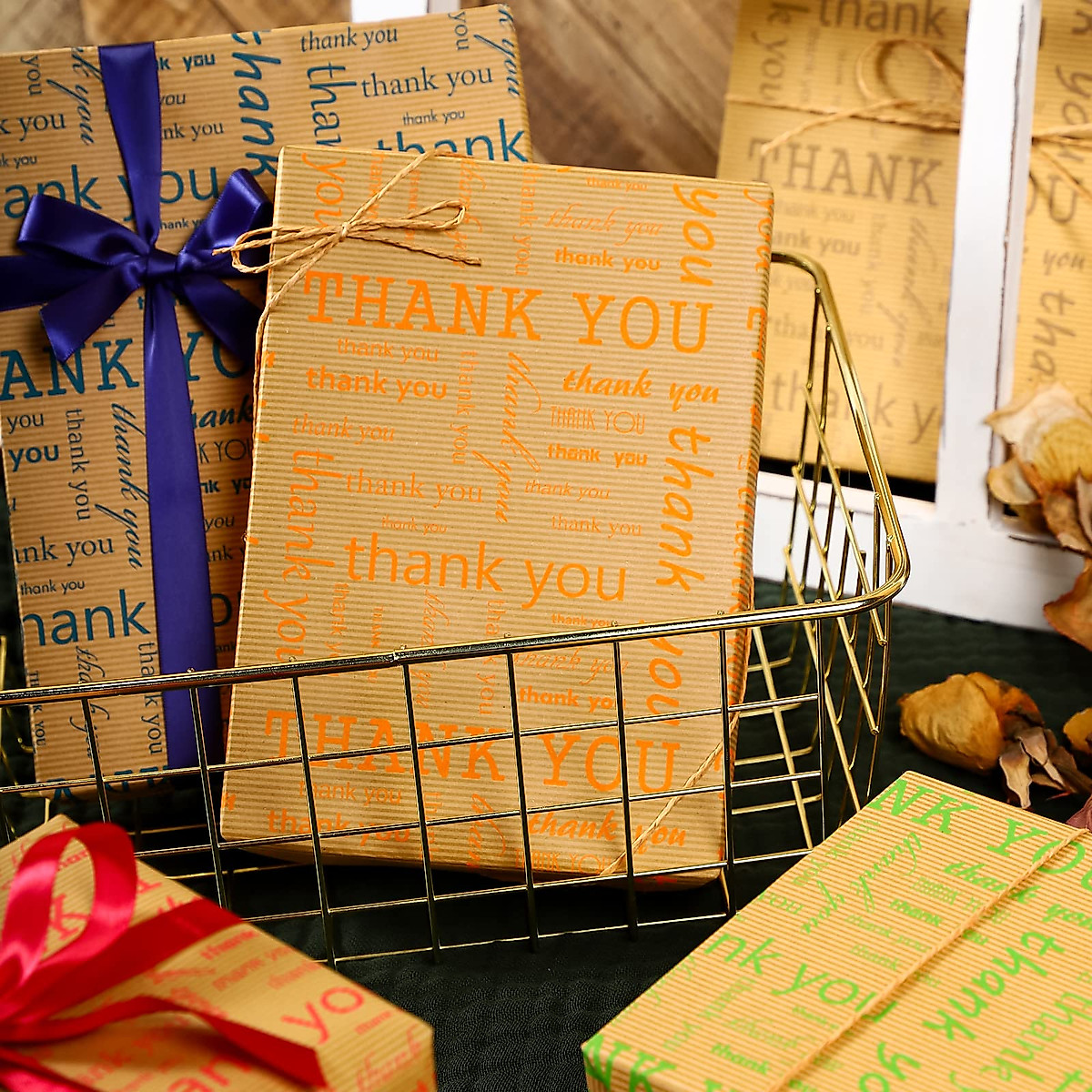 Packanewly Wrapping Paper - 6 Folded Kraft Sheets with DIY Sticker, Ribbon, Tape - Word Thank You Design Gift Wrap Sheet - 19.6 x 27.5 inches per Sheet