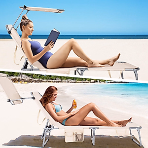 Goplus Tanning Chair, Foldable Beach Lounge Chair with 360°Canopy Sun Shade, Side Pocket, 5-Position Adjustable Outdoor Chaise Lounge Chair for Patio Pool Yard Lawn (1, Beige)