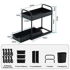 Bathroom Organizer, Under Sink Organizers and Storage, TITETE 2 Tier Sliding Under Sink Organizer, Under Cabinet Storage Drawer Bathroom Kitchen with 2 Handles, 5 Clapboards, 1 Hanging Cup and 8 Hooks