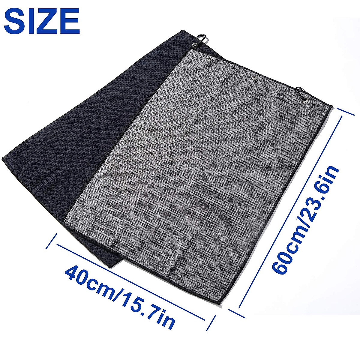 Fpxnb 2 Pack 16" x 24" Tri-fold Golf Towel Set, Microfiber Fabric Waffle Pattern Towels, Heavy Duty Carabiner Clip (2 Pcs, 2 Colors)
