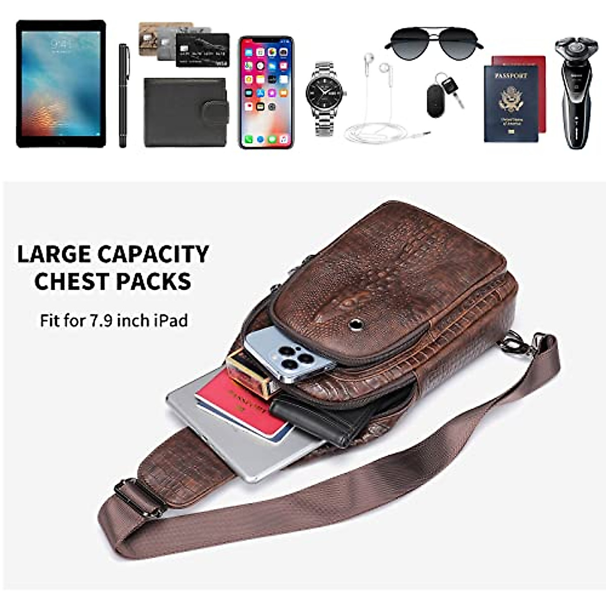 NIUCUNZH Sling Backpack,Small Crossbody Bag Crocodile Leather One Shoulder Sling Bags Travel Chest Pack Brown