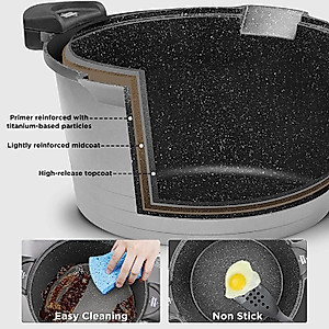 8.5 Quart Stock Pot with Strainer Lid, Multipurpose Pasta Pot Spaghetti Pot, PFOA free, Three-layer Non-stick coating, Dishwasher Safe, Tempered Glass Lockable Lid, Cast Aluminium, Grey