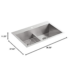 KOHLER Vault 33" Double-Bowl 18-Gauge Stainless Steel Kitchen Sink with Smart Divide with Single Faucet Hole K-3838-1-NA Drop-in or Undermount Installation, 9 Inch Bowl