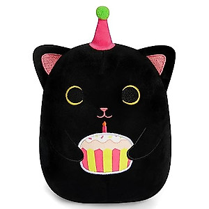 KOPHINYE Black Cat Plush, 8 inch Birthday Cat Stuffed Animal Happy Birthday Plush Cute Cat Plush Pillow with Cake, Kawaii Cat Plushie Birthday Plush for Girls, Boys and Cats