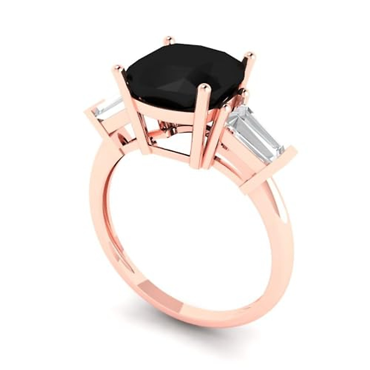 3.50 ct Cushion cut 3 stone Solitaire Genuine Natural Black Onyx Engagement Promise Anniversary Bridal Ring 18K Rose Gold 4