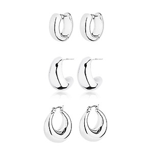 Gold Chunky Hoop Earrings Set for Women, 14K Gold Plated Twisted Huggie Hoop Earring Hypoallergenic, Thick Open Hoops Set Lightweight (3 silver hoop chunky)
