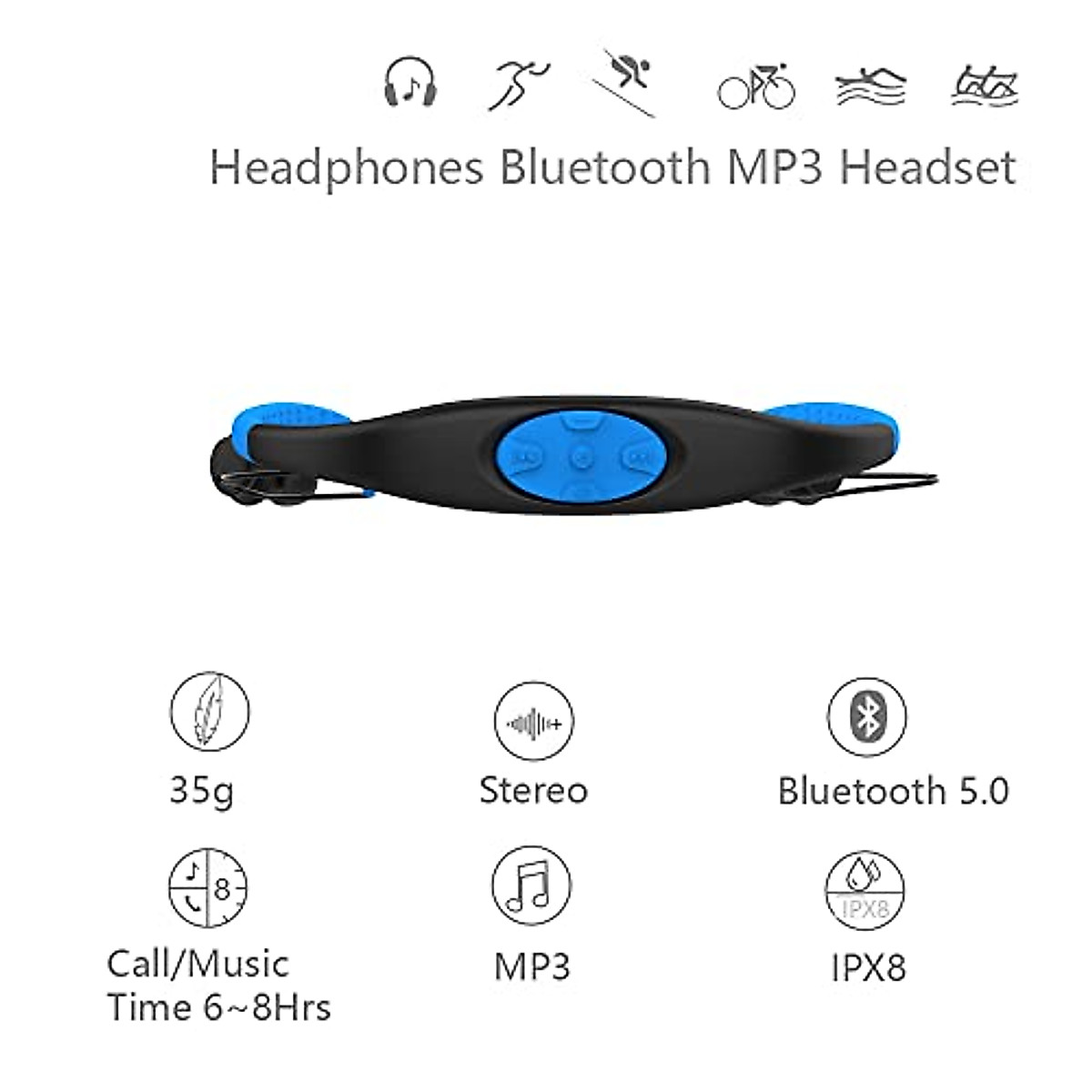 Headphones Bluetooth Waterproof for Swimming, Upgraded IPX8 Neckbands Underwater in Ear Earphone with Mic, HD Stereo Sound 8G ROM MP3 Player Earbuds Headset for Sports Running Cycling, Blue
