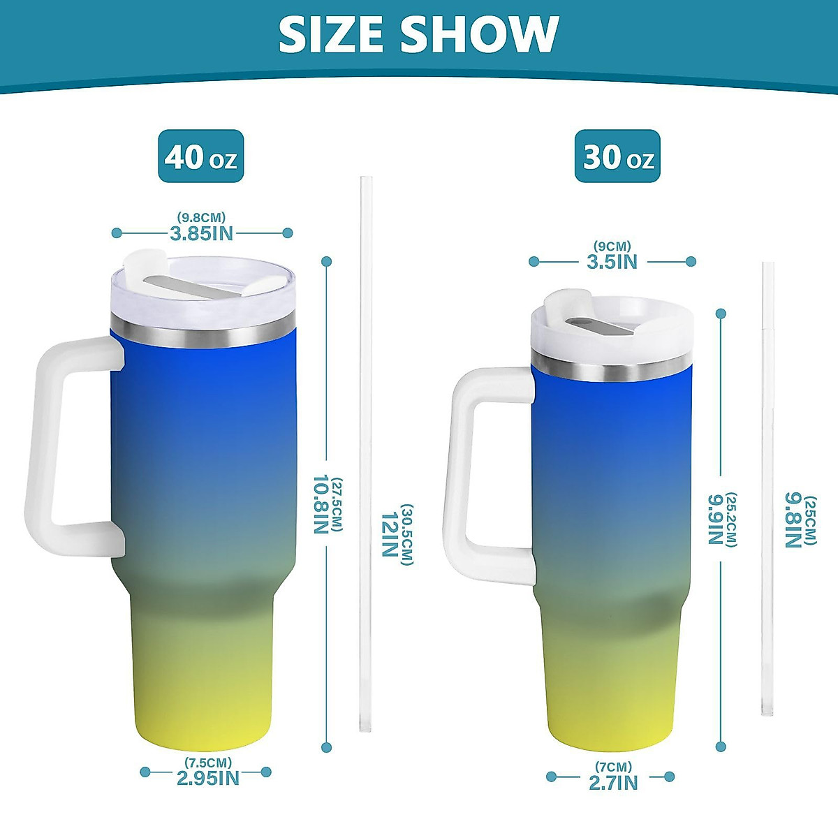 MCHIVER Blue Yellow Gradient 40 oz Tumbler with Handle and Straw Stainless Steel Vacuum Water Bottle Leak-proof Travel Coffee Mug Insulated Cup for Office Home Car