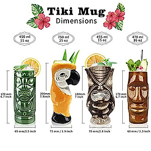 Cocktail Tiki Mugs Set of 4 - Large Ceramic Hawaiian Cocktail Mugs Drinkware, Cute Exotic Cocktail Glasses, Tiki Bar Professional Hawaiian Party Barware - TKSET0011