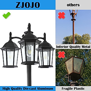 ZJOJO Outdoor Post Light, Triple-Head LED Street Light, 2700K,1100lumens, Vintage Clear Glass Shade Lamp Lights Fixture for Garden Backyard Patio Walkway Lighting-Black C819