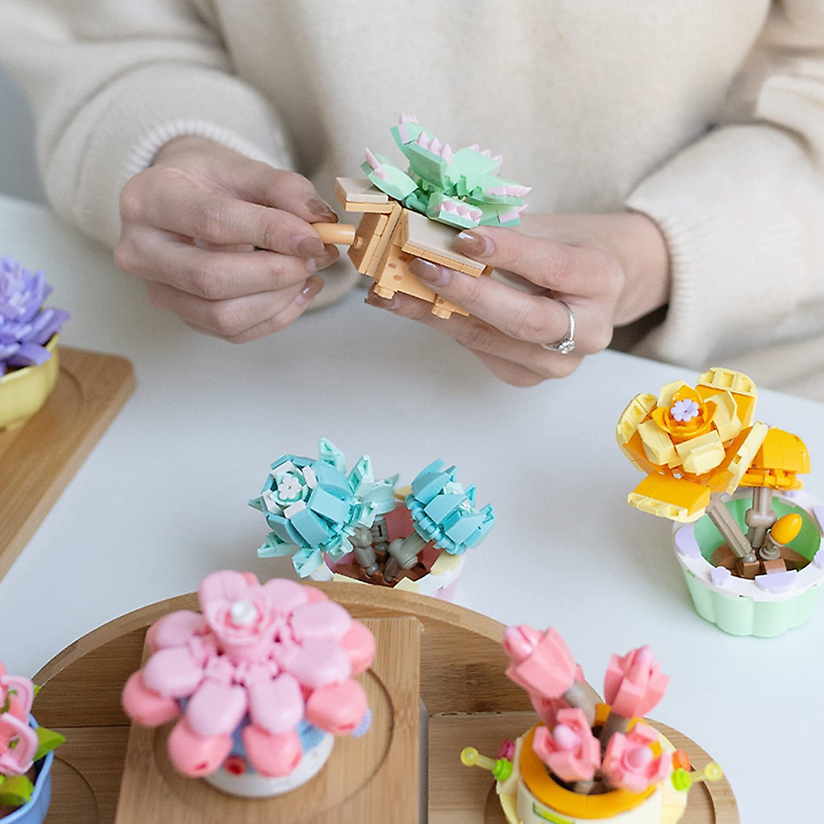 MEIEST Mini Succulent Bonsai Building Blocks Set,Creative Simulation Pot Plant Artificial Particle Flower Botanical Collection Construction Building Bricks Toy,Cute Home Decor (Tiger)