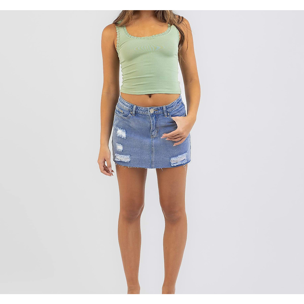 Meladyan Women Scoop Neck Lace Trim Crop Tank Top Patchwork Square Neck Sleeveless Solid Slim Casual Cropped Cami Vest Tops Green