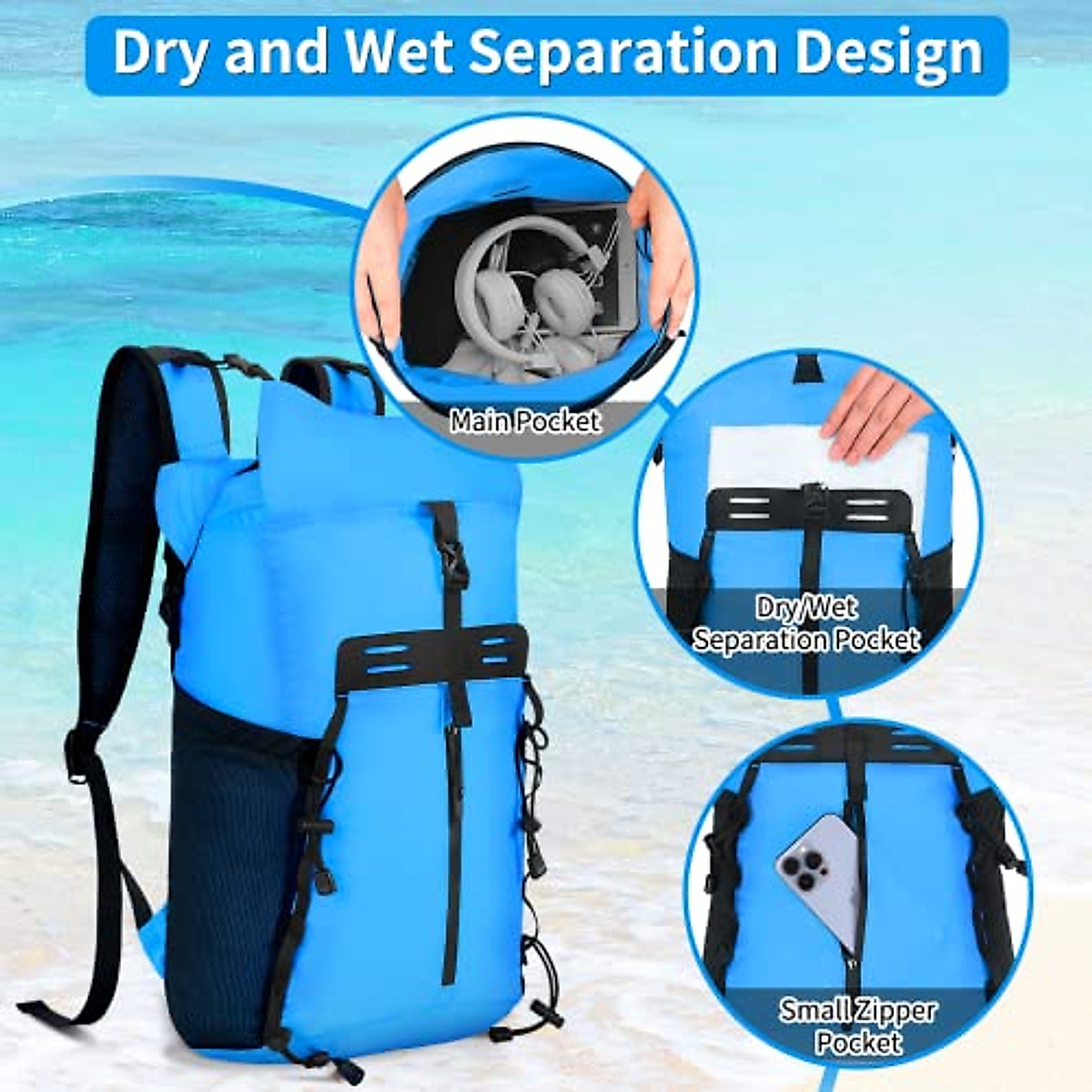 Atarni Waterproof Kayaking Dry Bag Backpack - 20L Lightweight Floating Zipper Drybag Sack & Roll Top for Boating Canoeing Camping Rafting Paddleboarding Swimming Boating Hiking Fishing（Blue）