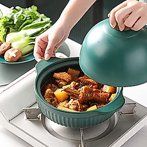 Green Moroccan Tagine, Hand Made Ceramics Tajine Cooking Pot with Cast Iron Base And Cone-Shaped Lid for Stew Casserole Slow Cooker(2.4L)