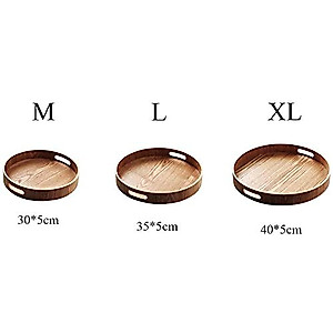 I-lan 14 Inch Wooden Serving Tray Circle, Round Wood Platter with Handles and 2 Inch Raised Side, Natural Wood Grain Circular Ottoman Display Tray Organizer for Food, Snack, Coffee Table, Beige, L