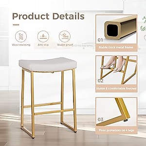 MAISON ARTS White & Gold Bar Stools Set of 2 for Kitchen Counter Backless Counter Height 24 Inches Saddle Stools Modern Gold Barstools Upholstered Faux Leather Stools Farmhouse Island Chairs